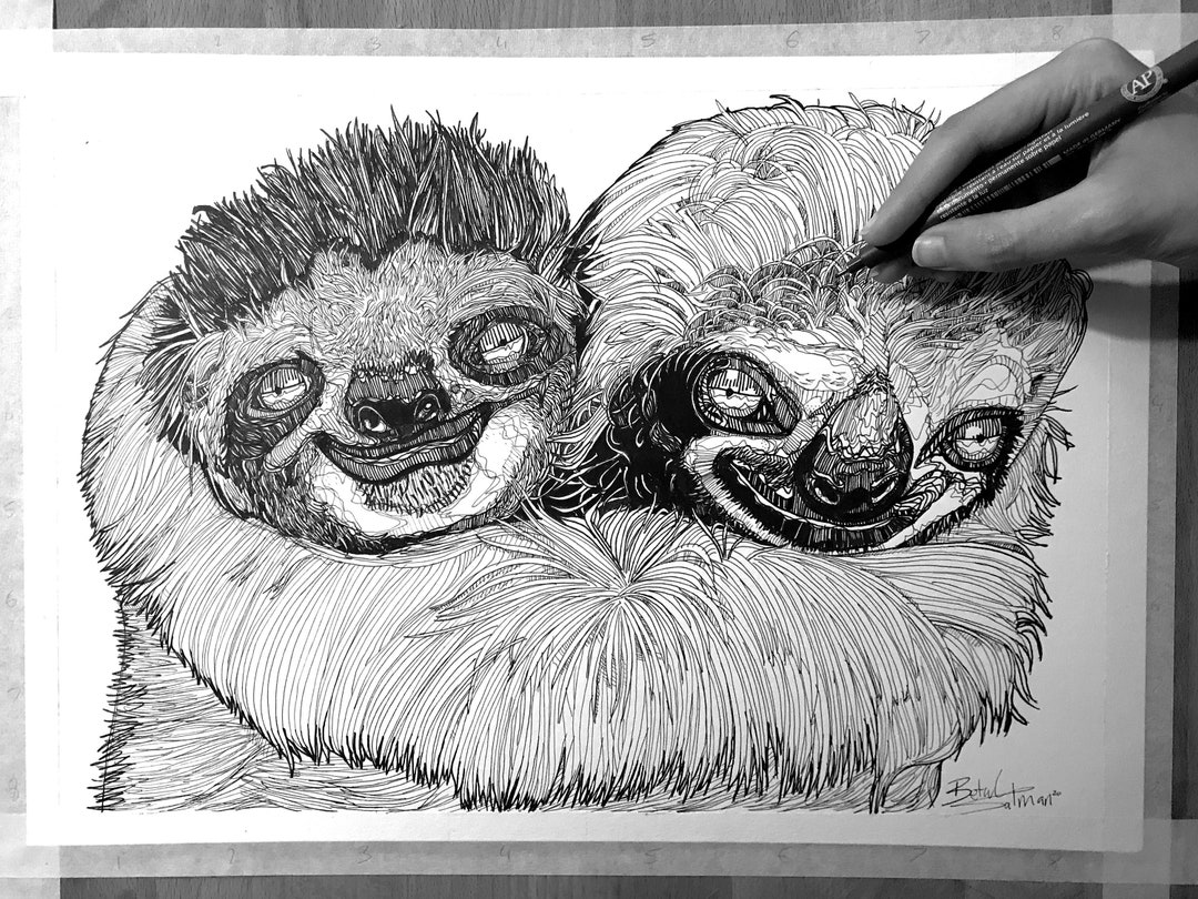 Original Sloths Line Drawing, Sloths Hugging, Pen Drawing, Fine Liners ...