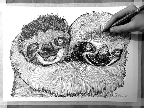 Original Sloths Line Drawing Sloths Hugging Pen Drawing | Etsy