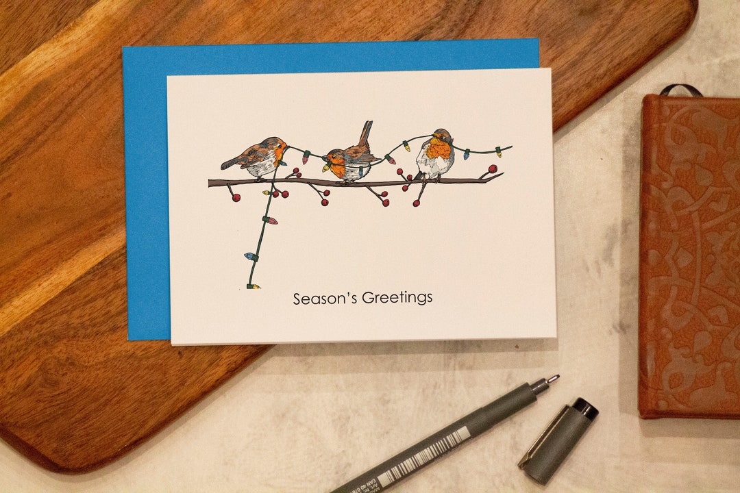 Three Robins Christmas Card, A6 Greeting Card, Bird Line Drawing ...