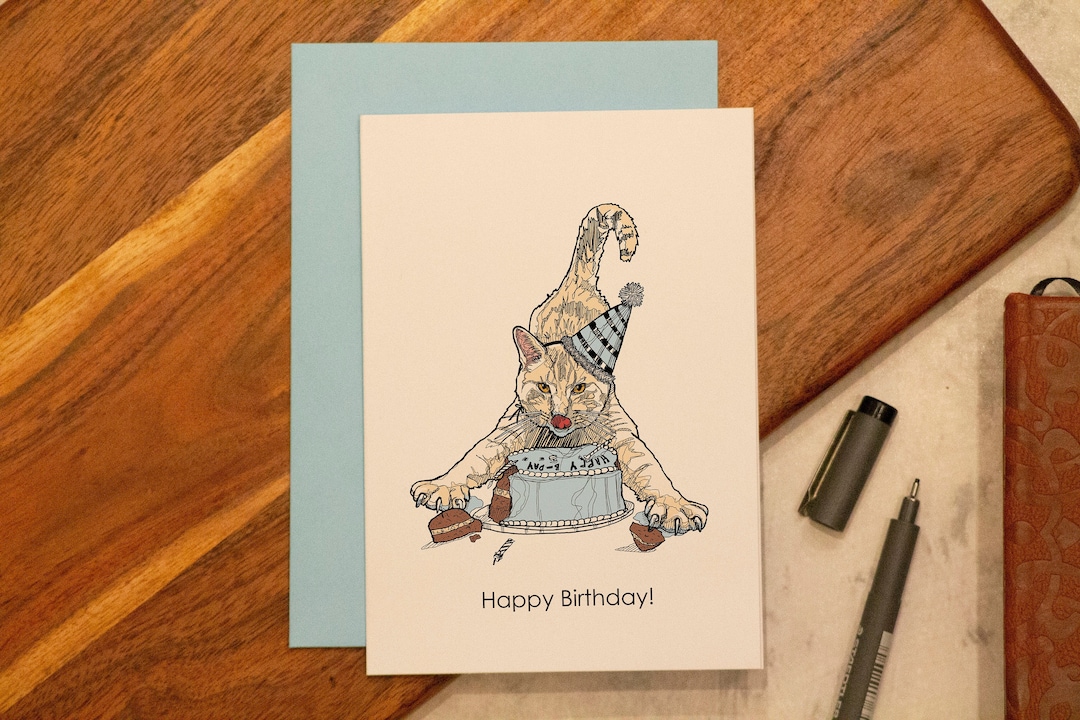 Birthday Cat Card, Blue Cake Card, Custom Card, Funny Card, Cat ...