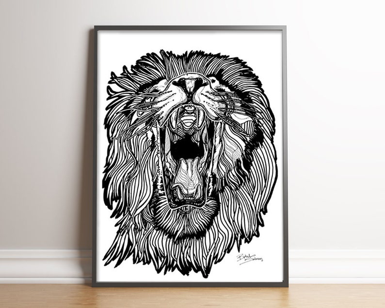 Roaring Lion Line Drawing Print Lion Print Black and White - Etsy