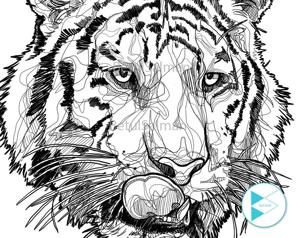 Tiger Head Line Drawing // Black and White // Abstract Tiger | Etsy