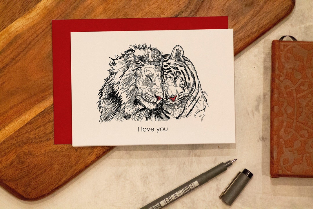 Lion and Tiger Love Card, Valentine's Card, I Love You, Greeting Card ...
