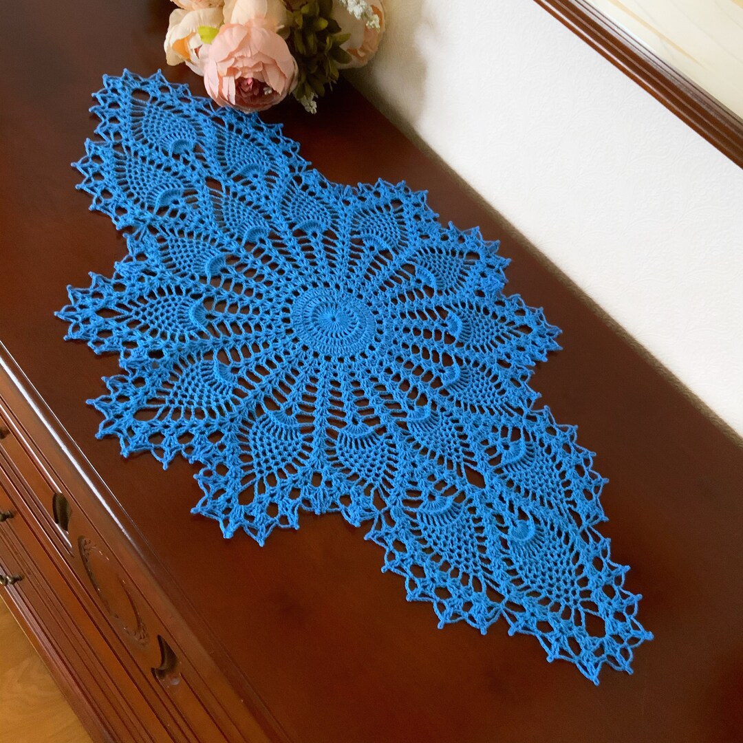 Blue Crochet Doily, Oval Table Runner, Pineapple Doilies, Lace Crochet ...