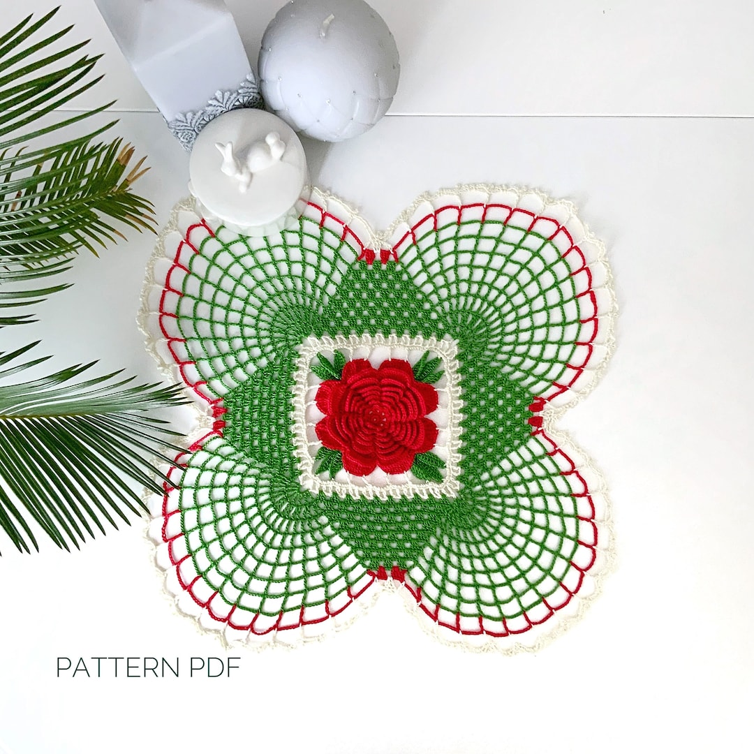 Crochet Pattern for Square Doily With Rose Center, Christmas Doily ...
