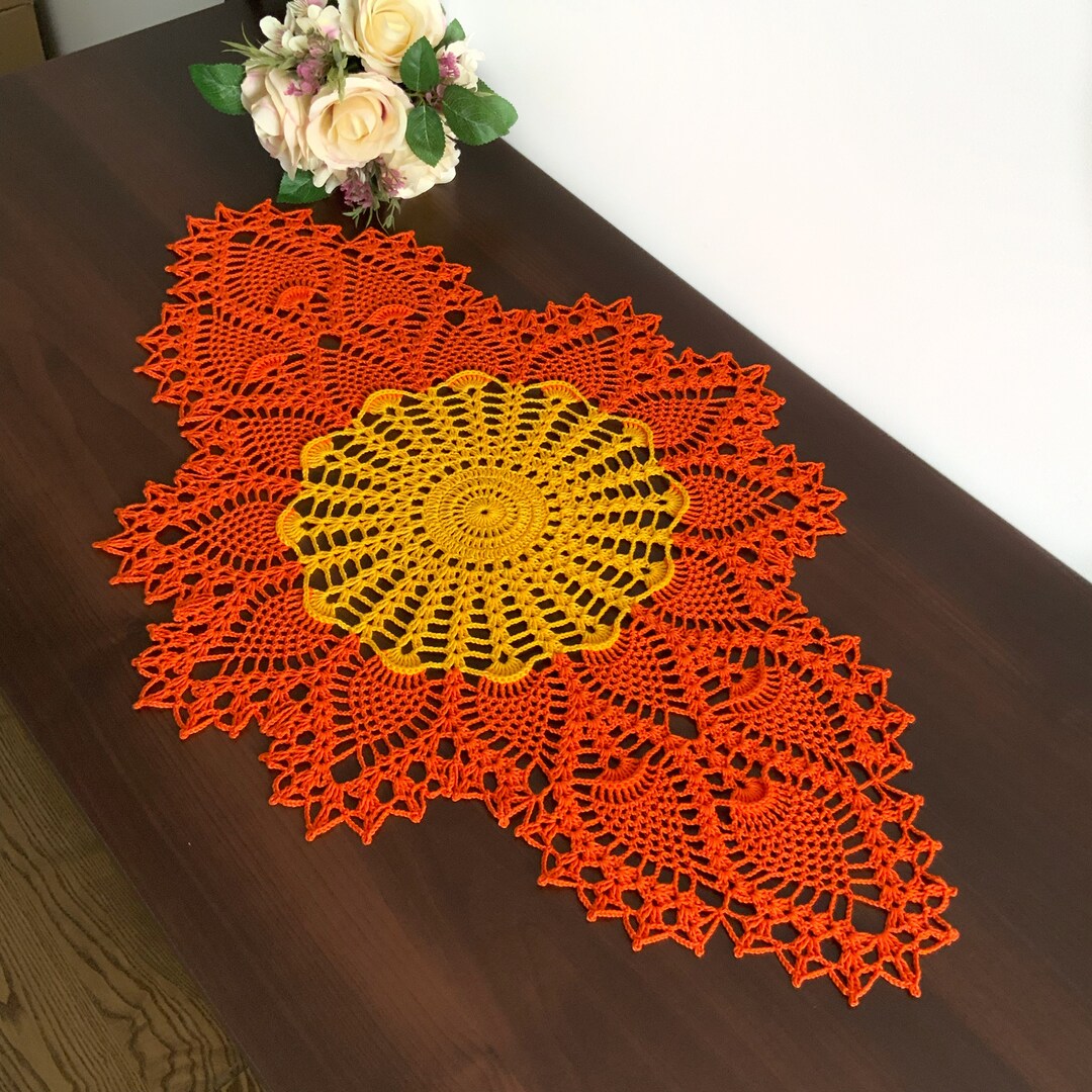 Orange Oval Table Runner, Pineapple Doilies, Lace Crochet Doilies ...