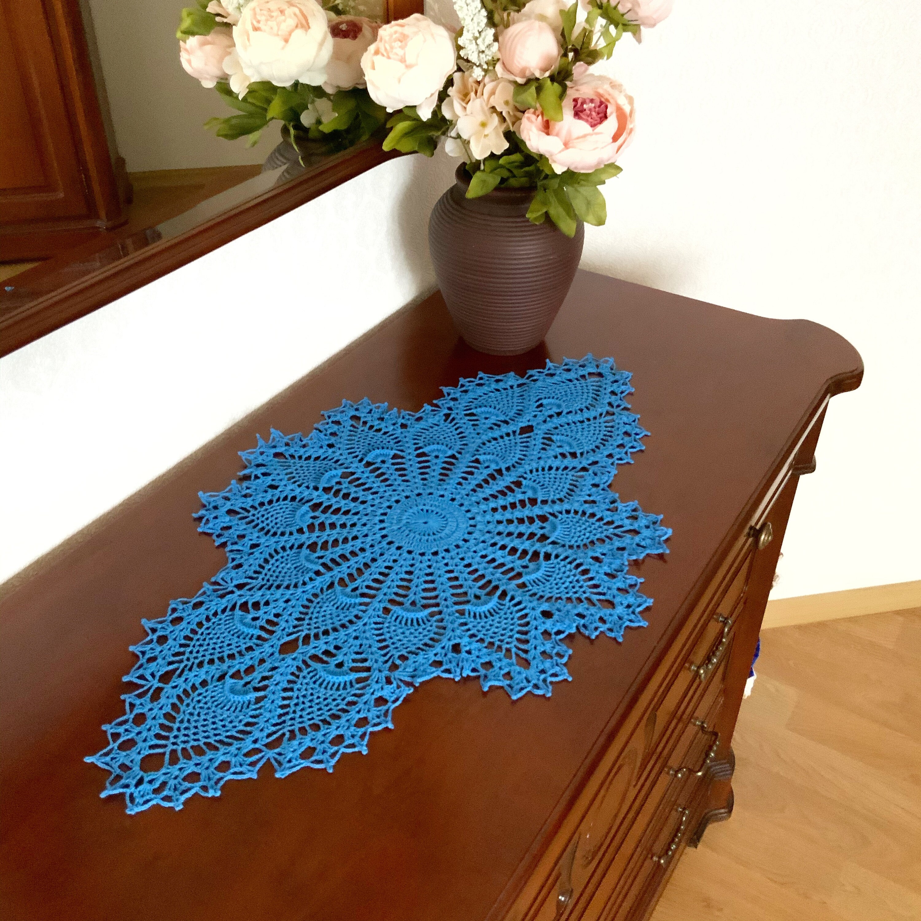 Blue crochet doily oval table runner pineapple doilies | Etsy