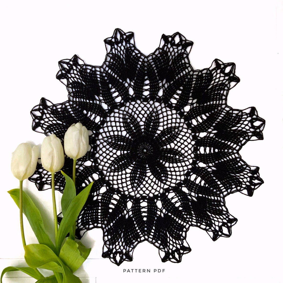 Black Flower Doily Crochet Pattern, Round Lace Doilies Pattern, 18 Inch ...