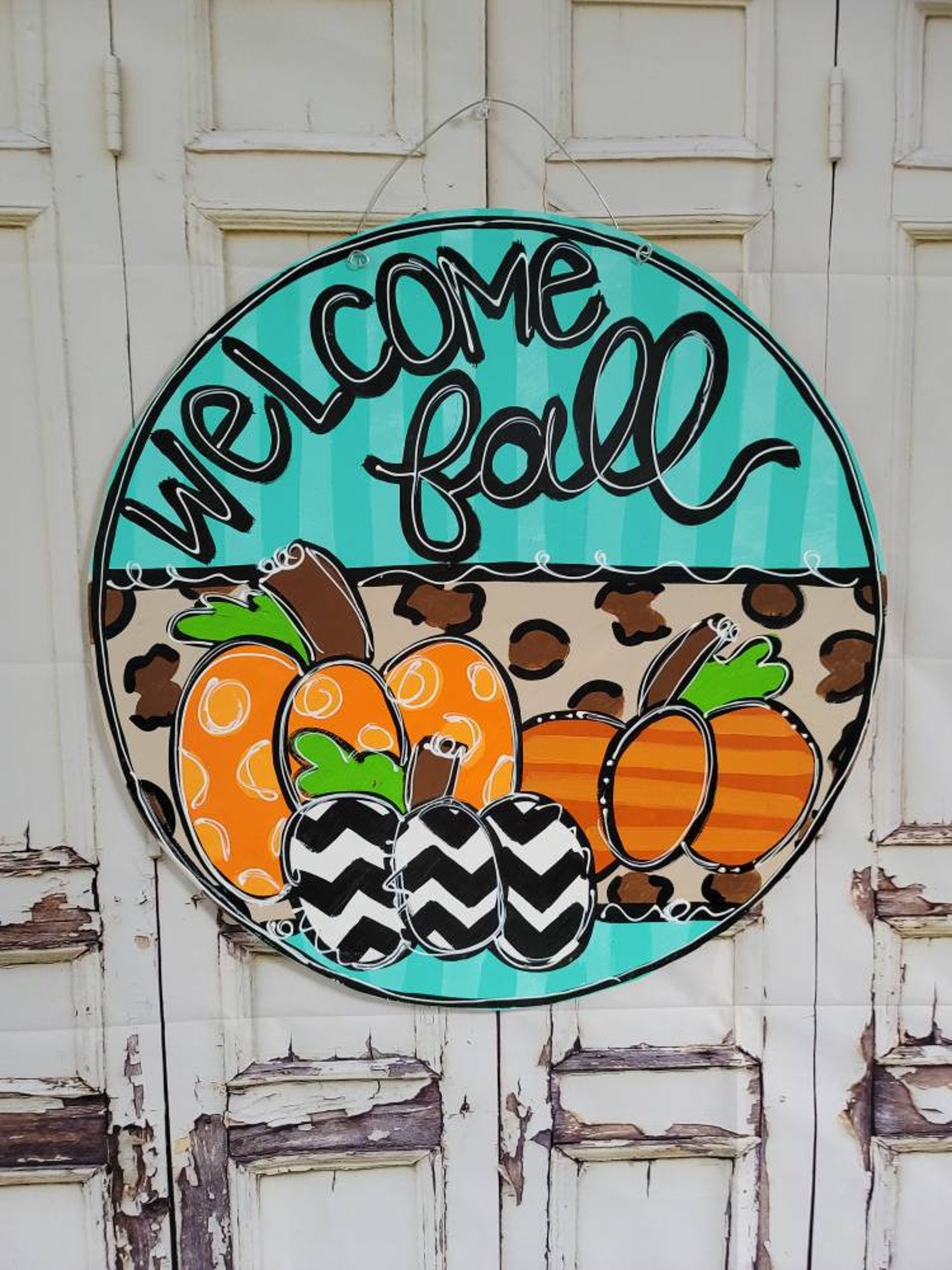 Large Round Fall Pumpkins, Orange Pumpkins, Teal Fall, Wood Door Hanger ...