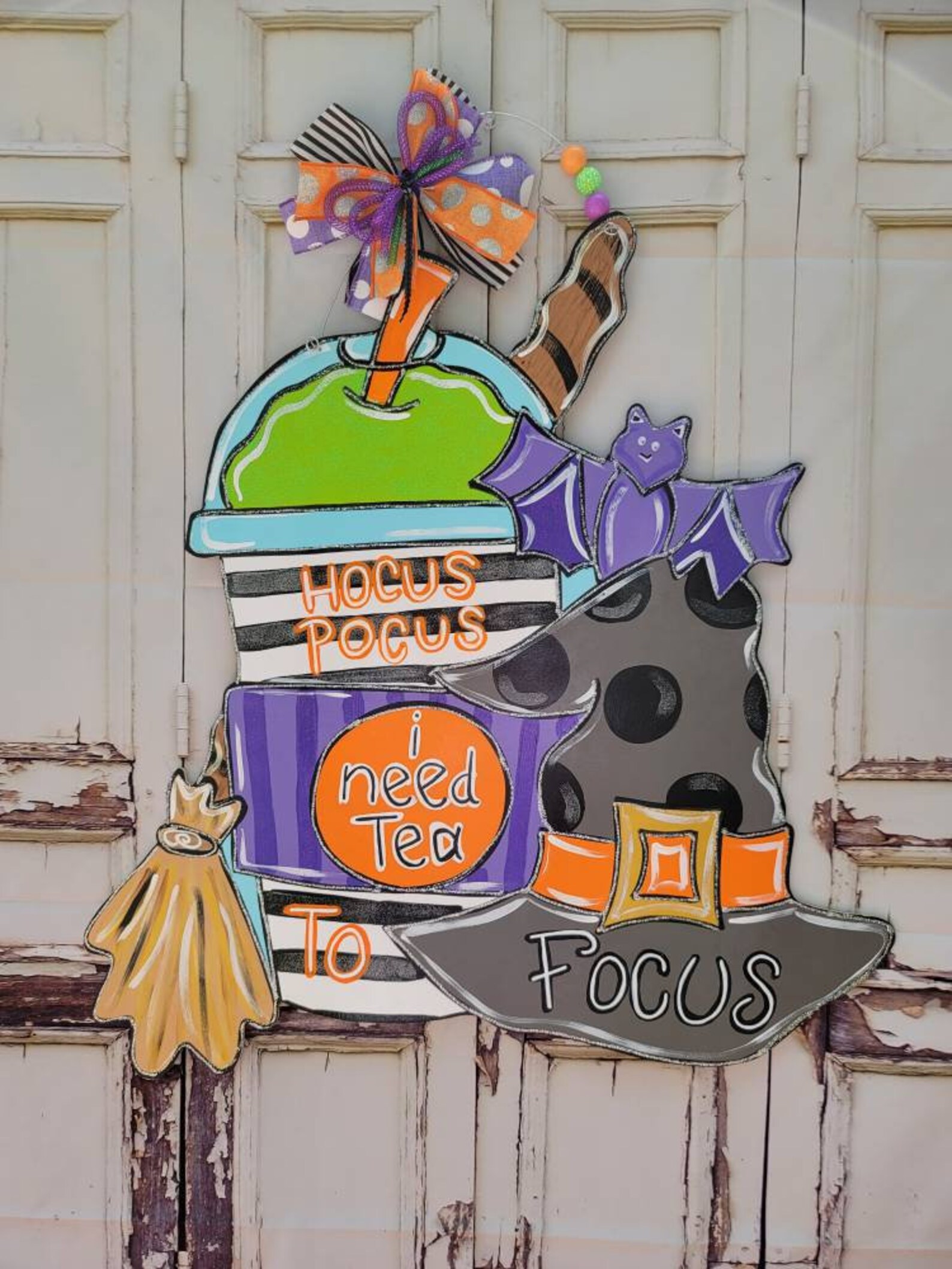 Halloween 3 Witches, Hocus Pocus I Need Tea to Focus, Wood Door Hanger ...