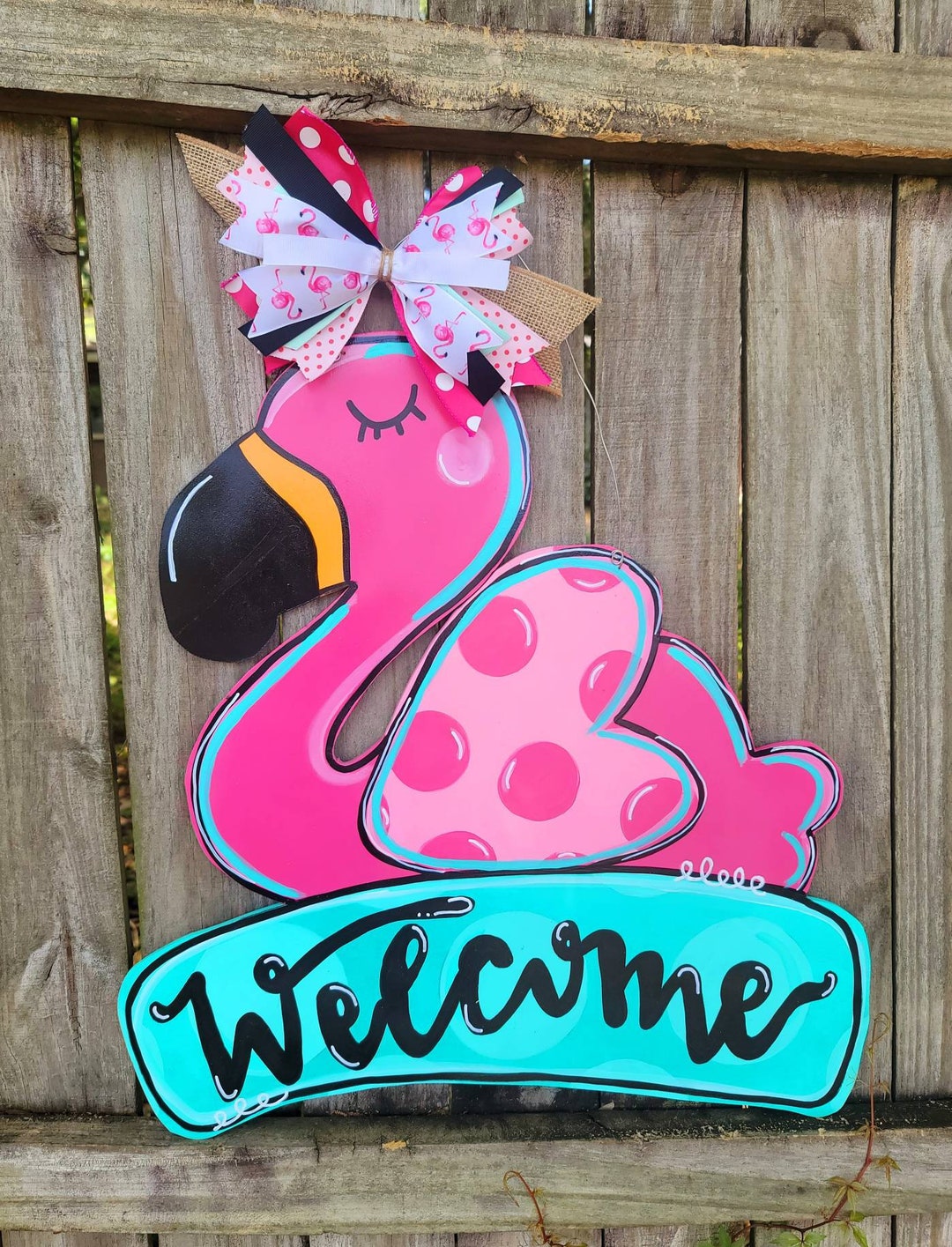 Pink Polka Dot Flamingo Painted Wood Front Door Welcome Hanger Sign ...
