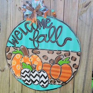 Large Round Fall Pumpkins, Orange Pumpkins, Teal Fall, Wood Door Hanger ...