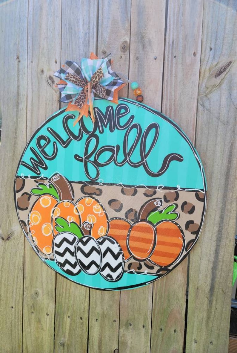 Large Round Fall Pumpkins, Orange Pumpkins, Teal Fall, Wood Door Hanger ...