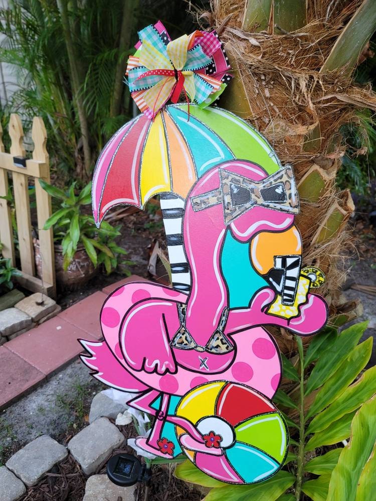 Pink Polka Dot Flamingo Painted Wood Front Door Welcome Hanger Sign ...