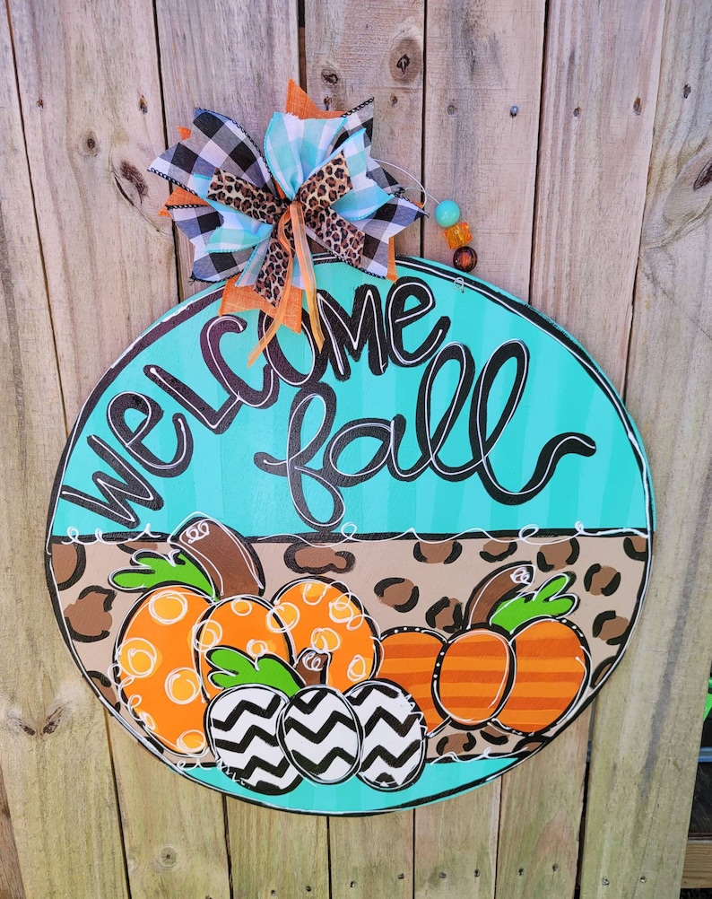 Large Round Fall Pumpkins, Orange Pumpkins, Teal Fall, Wood Door Hanger ...