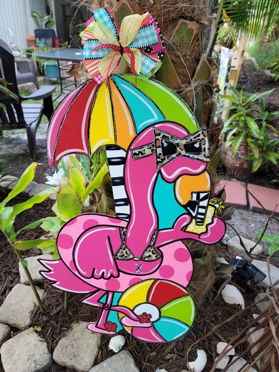 Pink Polka Dot Flamingo Painted Wood Front Door Welcome Hanger - Etsy