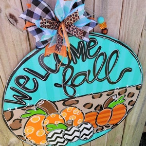 Large Round Fall Pumpkins, Orange Pumpkins, Teal Fall, Wood Door Hanger ...