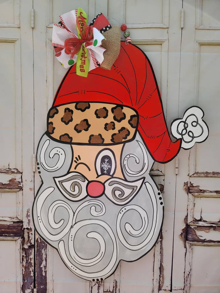Large Super Cute 31 X 21 Santa Head Christmas Door Hanger With Leopard ...