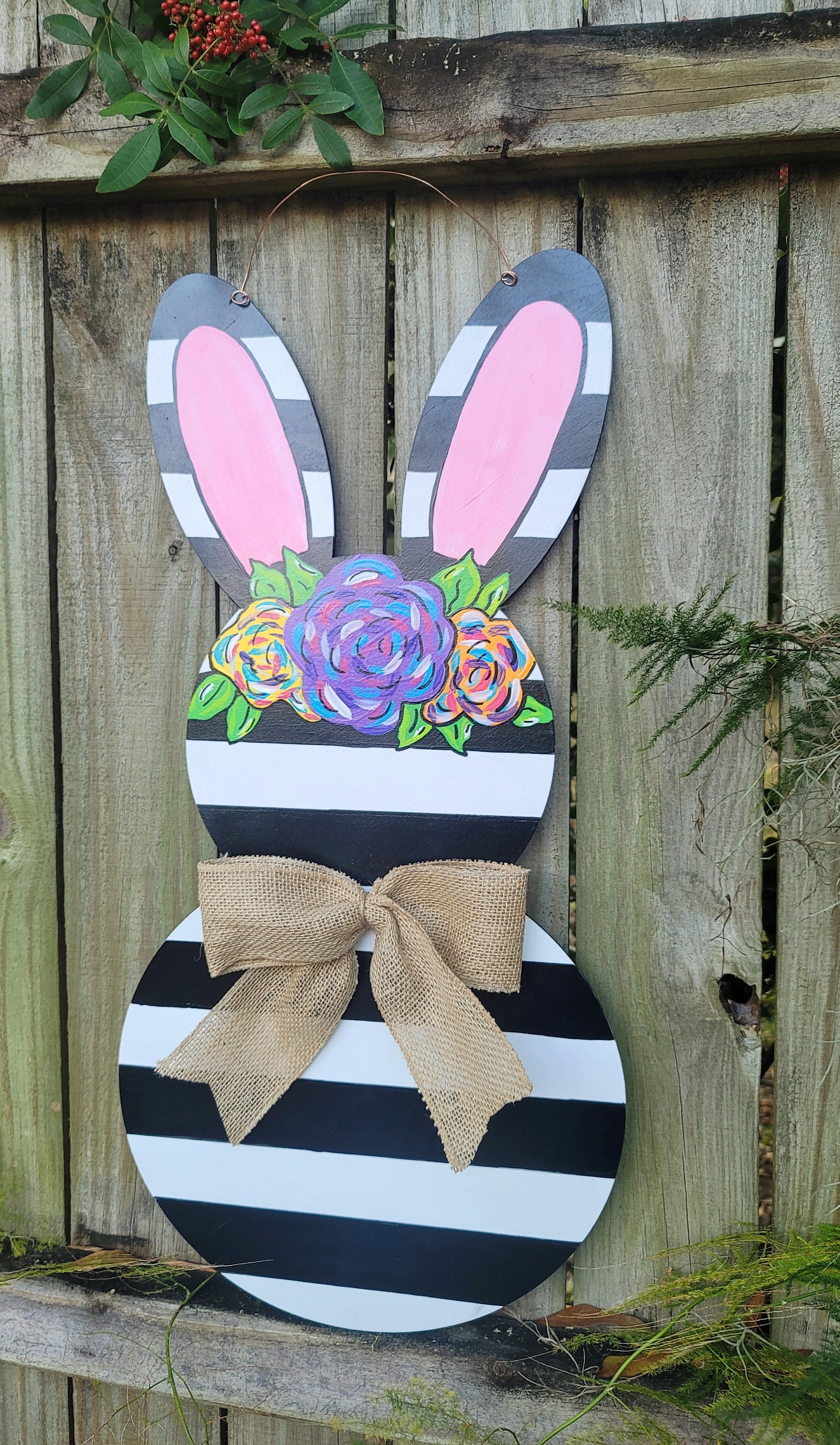 Easter Bunny Rabbit wood front door hanger Black white | Etsy