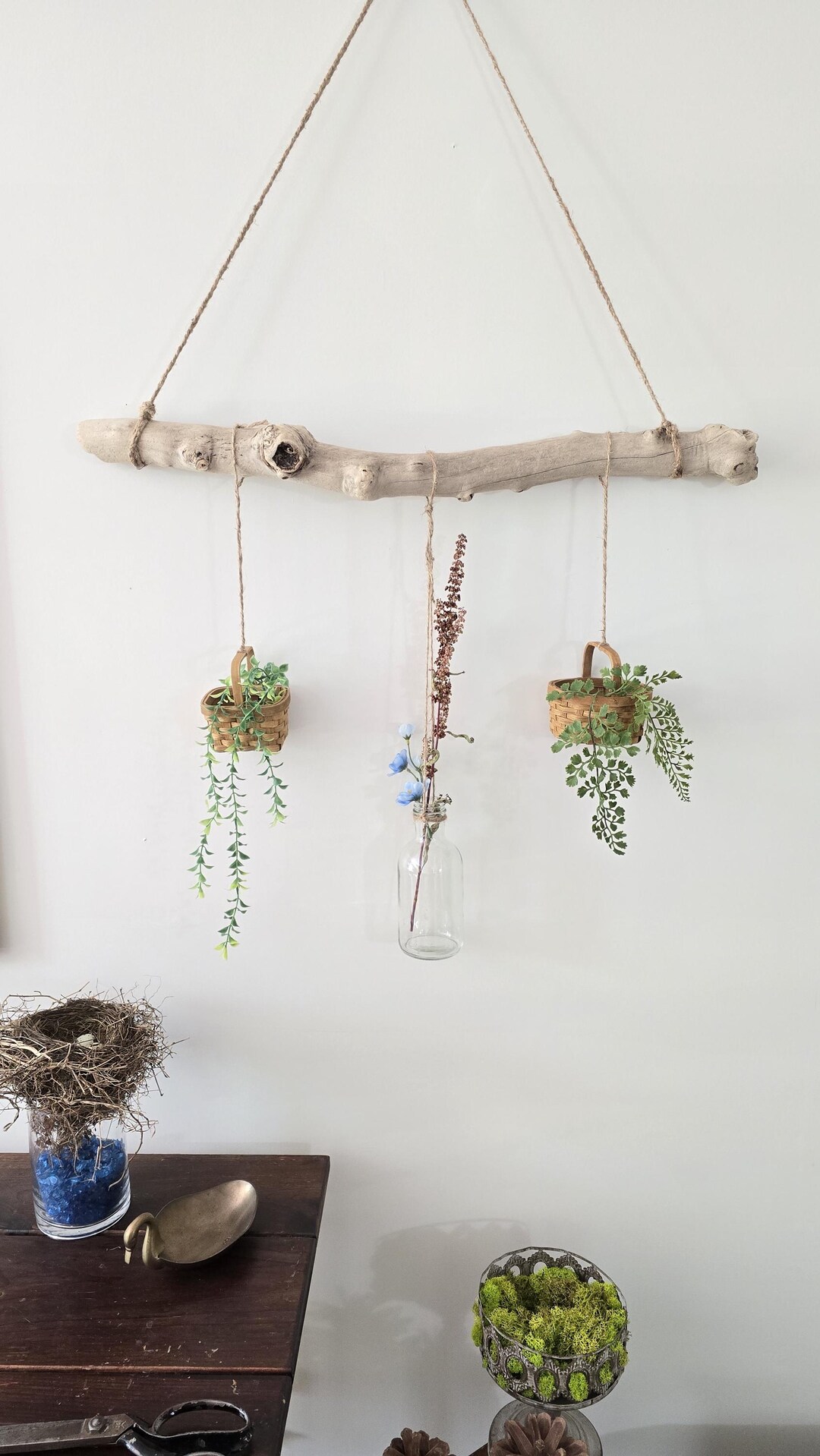 Large Real Driftwood Wall Hanging With Two Basket and One Glass Vase ...