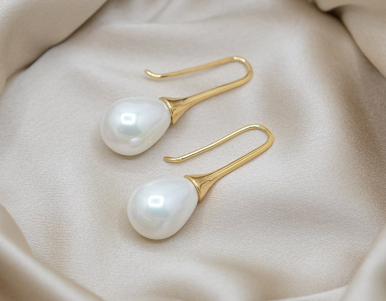 White Pearl Fish Hook Earrings, Water Tear Drop Earring, Minimalist ...
