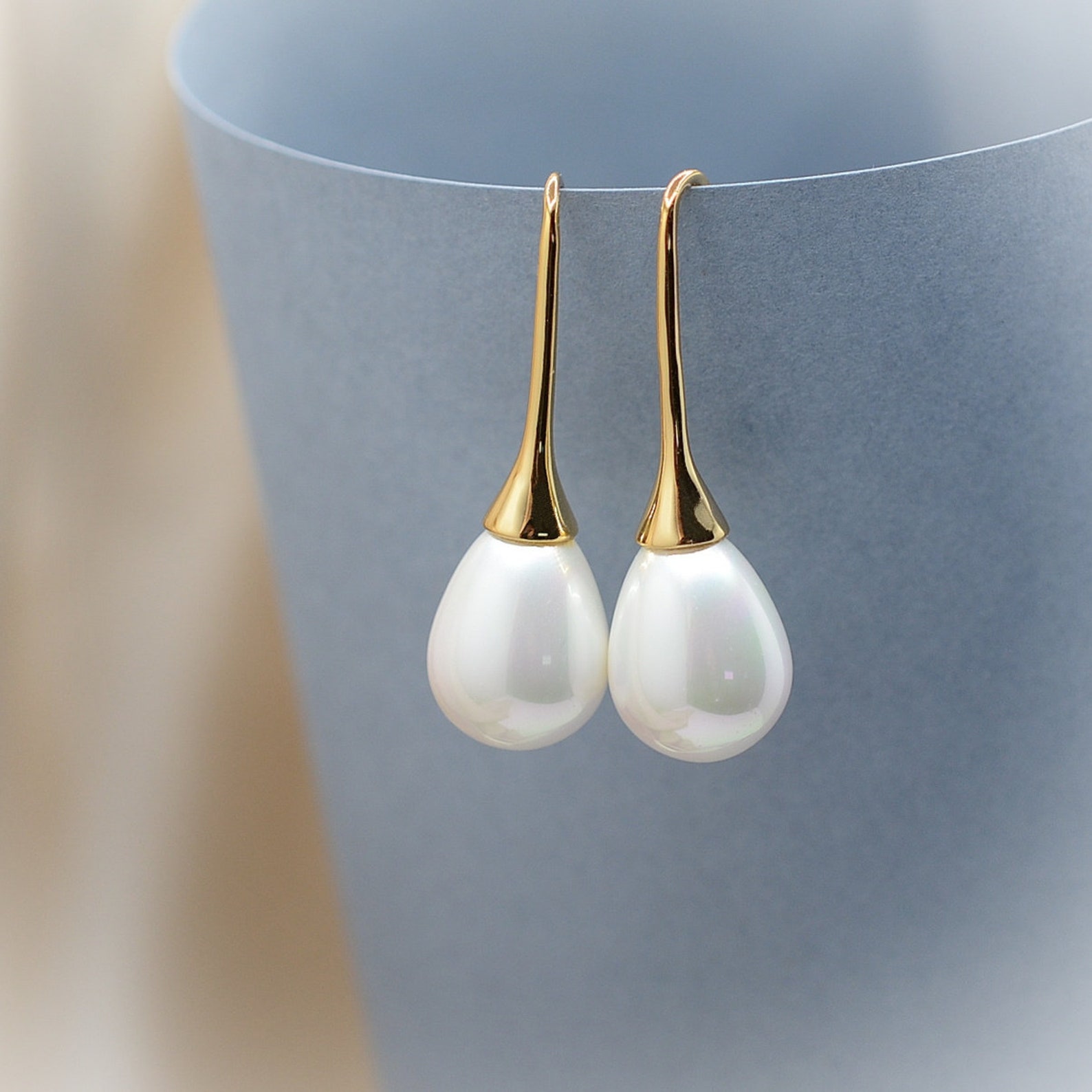 White Pearl Fish Hook Earrings, Water Tear Drop Earring, Minimalist ...