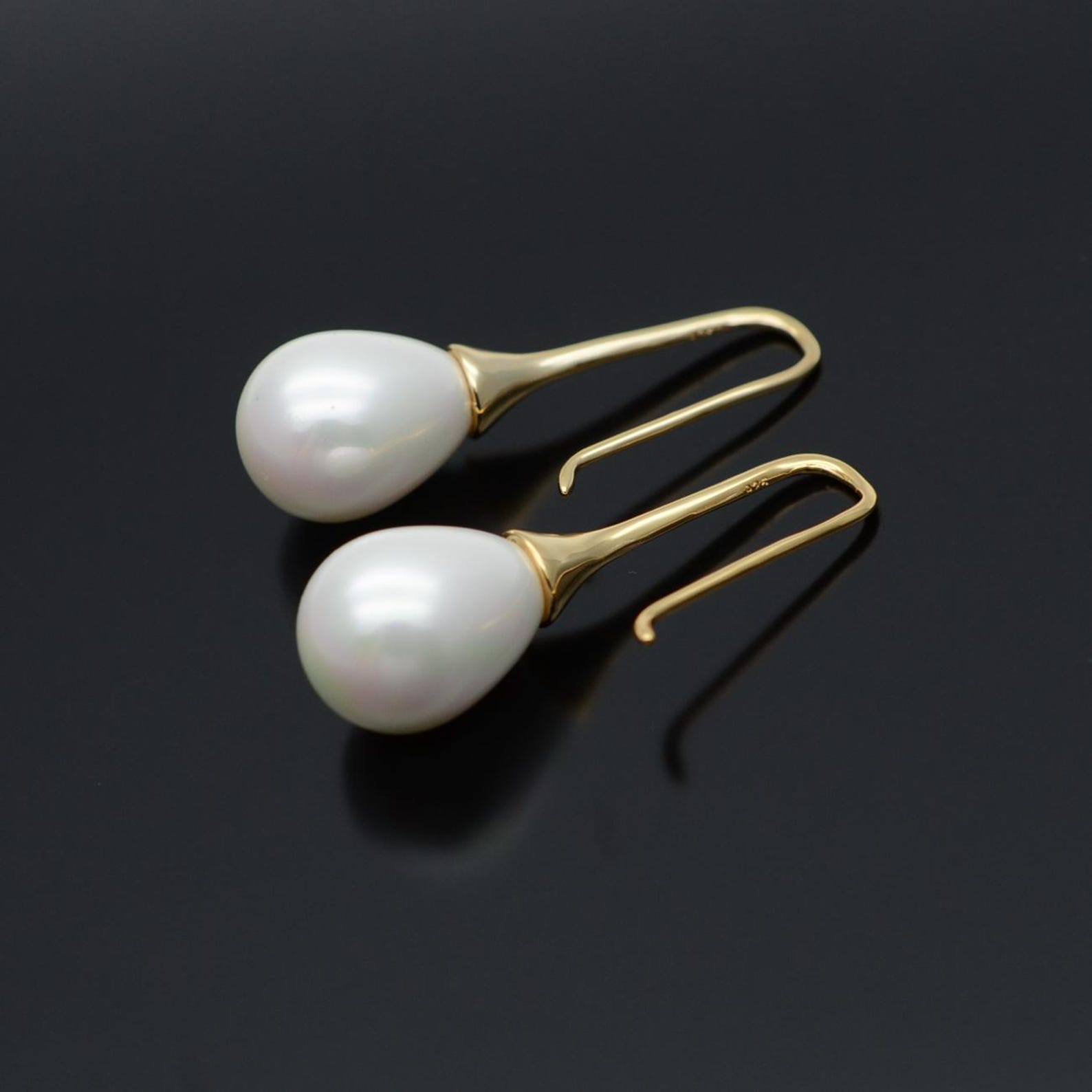 White Pearl Fish Hook Earrings, Water Tear Drop Earring, Minimalist ...