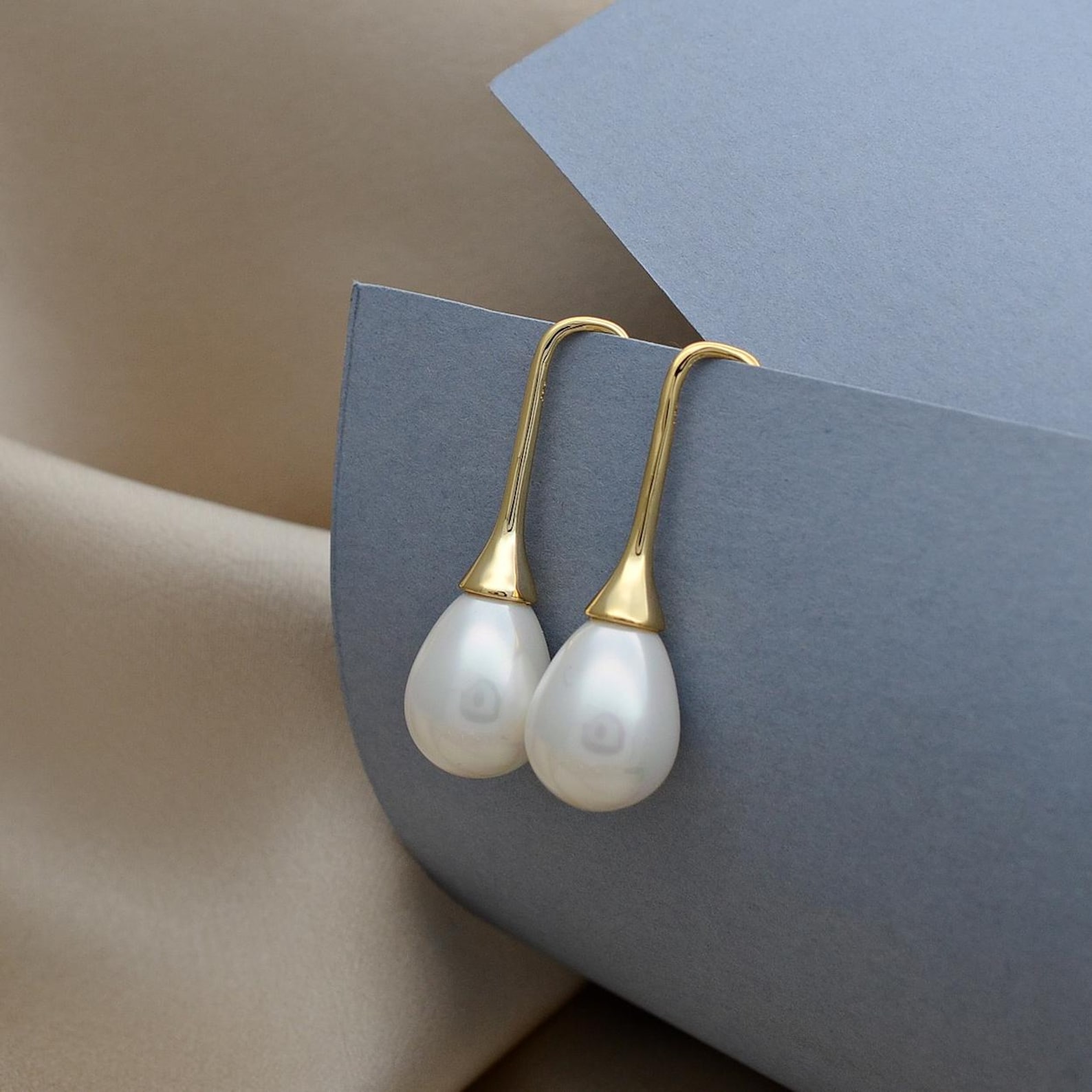 White Pearl Fish Hook Earrings, Water Tear Drop Earring, Minimalist ...