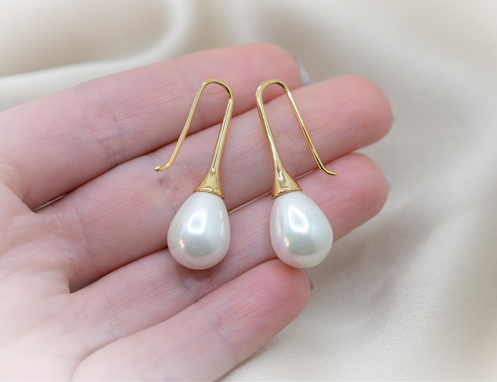 White Pearl Fish Hook Earrings, Water Tear Drop Earring, Minimalist ...