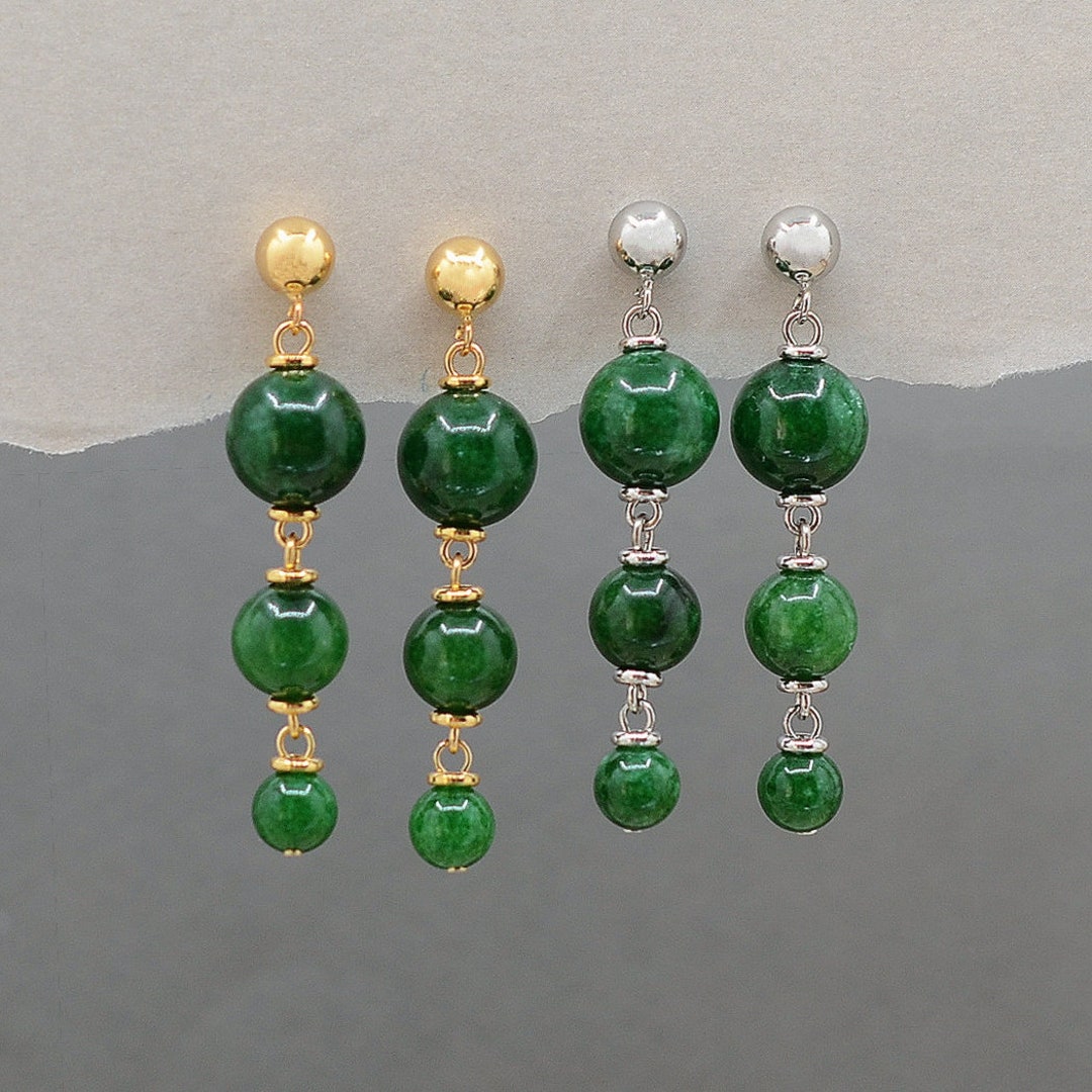Jade Drop Earrings, Green Gemstone Earrings for Woman, Long Green Stone ...