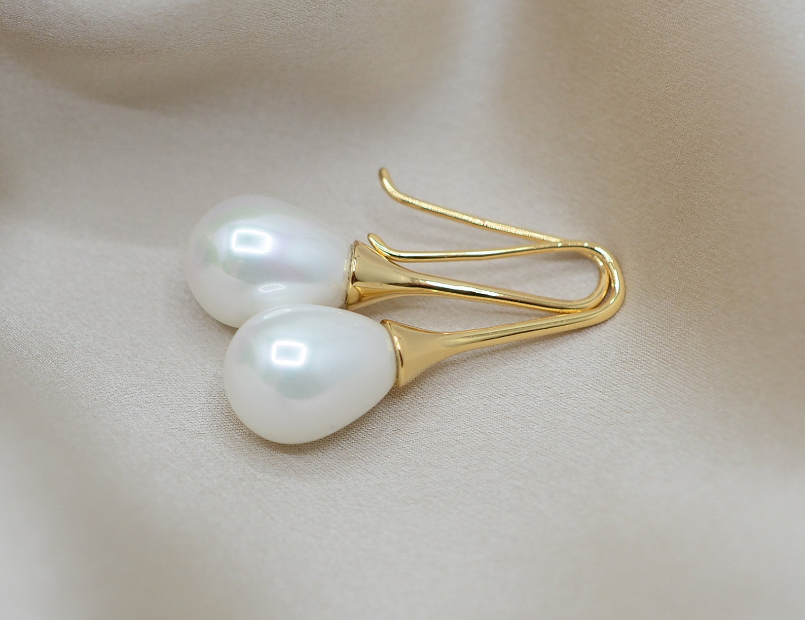 White Pearl Fish Hook Earrings, Water Tear Drop Earring, Minimalist ...