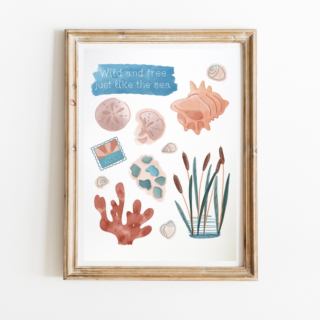 Beach Treasures Collage Wall Art Print Painted With Digital Watercolor ...