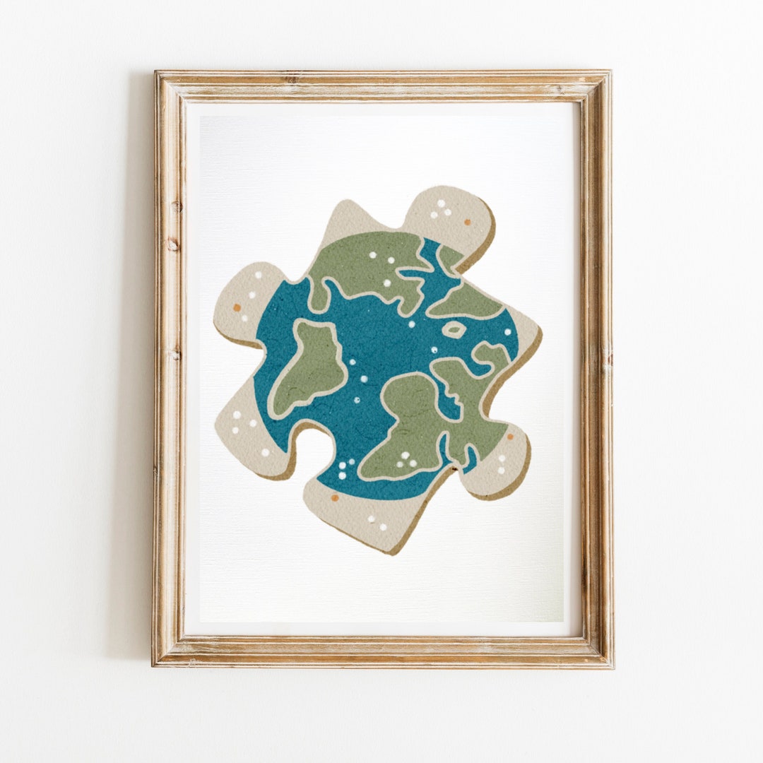 World piece Watercolor Art Print, Handmade Wall Art, Puzzle Piece Wall ...