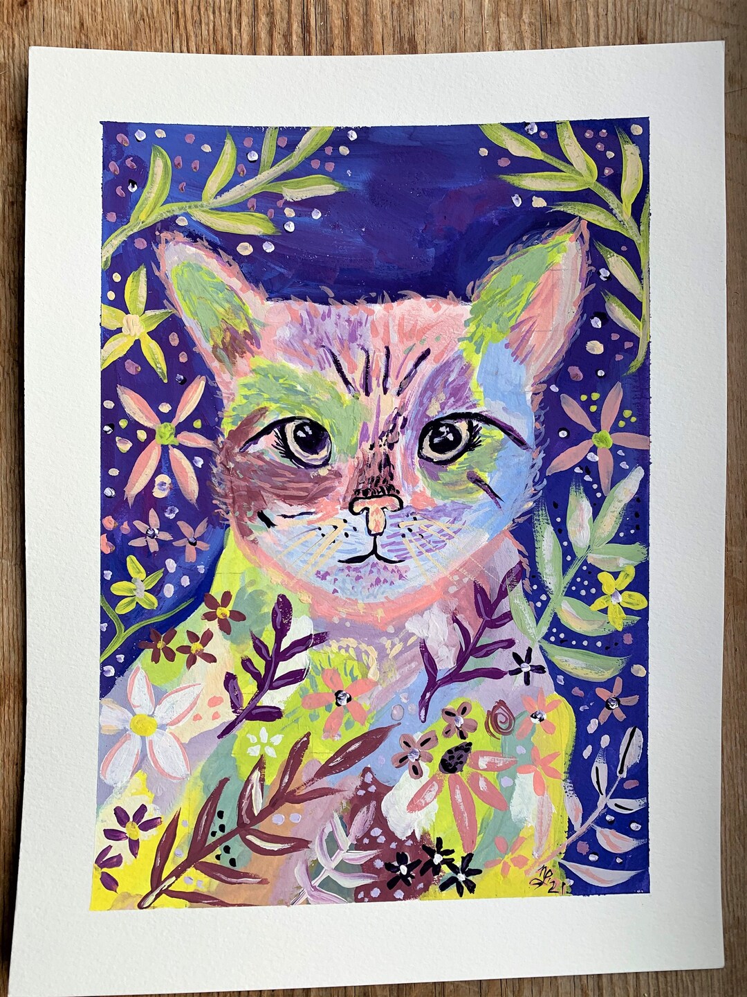 Original Gouache Cat Painting, Whimsical, Vibrant, Detailed Painting ...