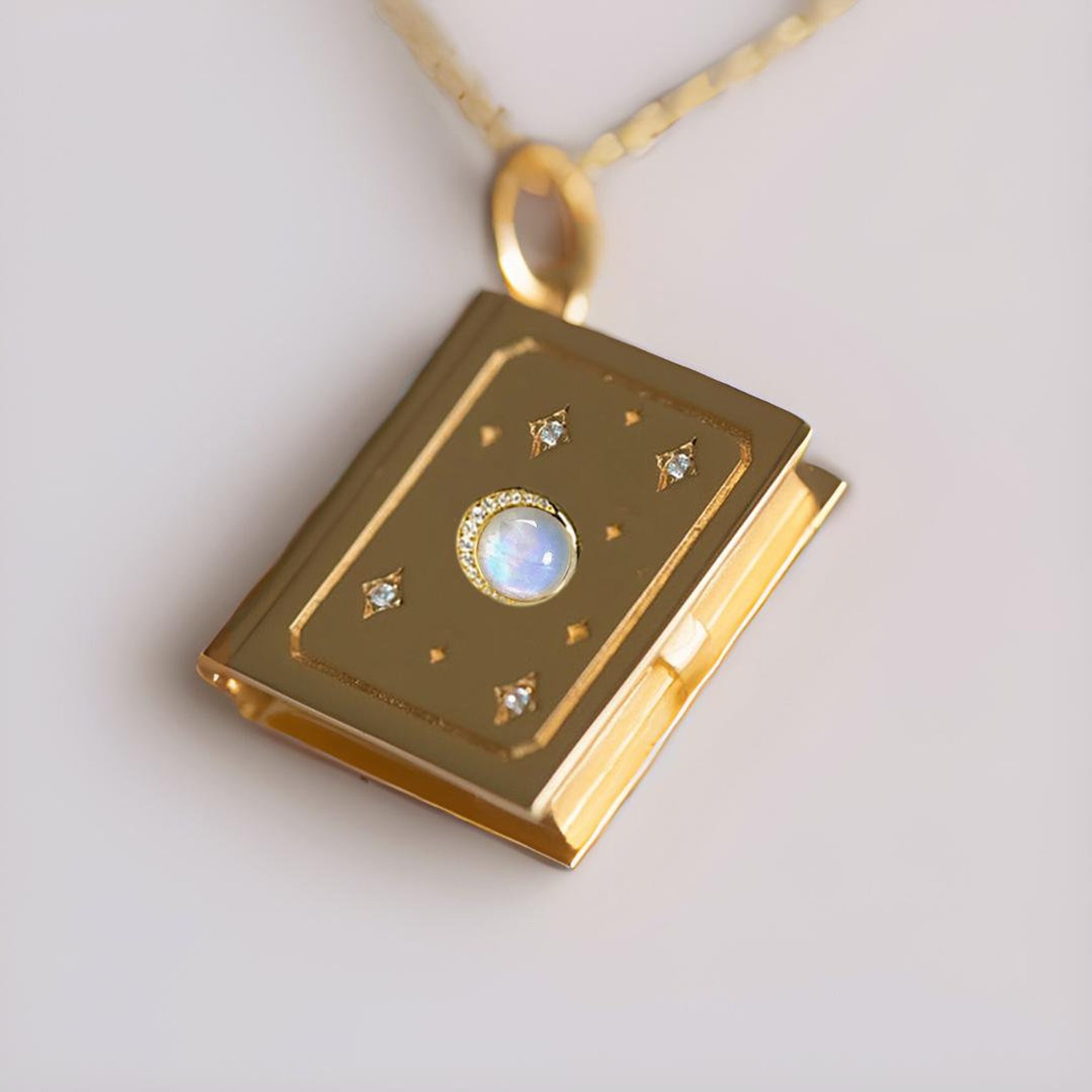 Magic Star Moon Book Locket, Moonstone Booklet Remembrance Keepsake ...