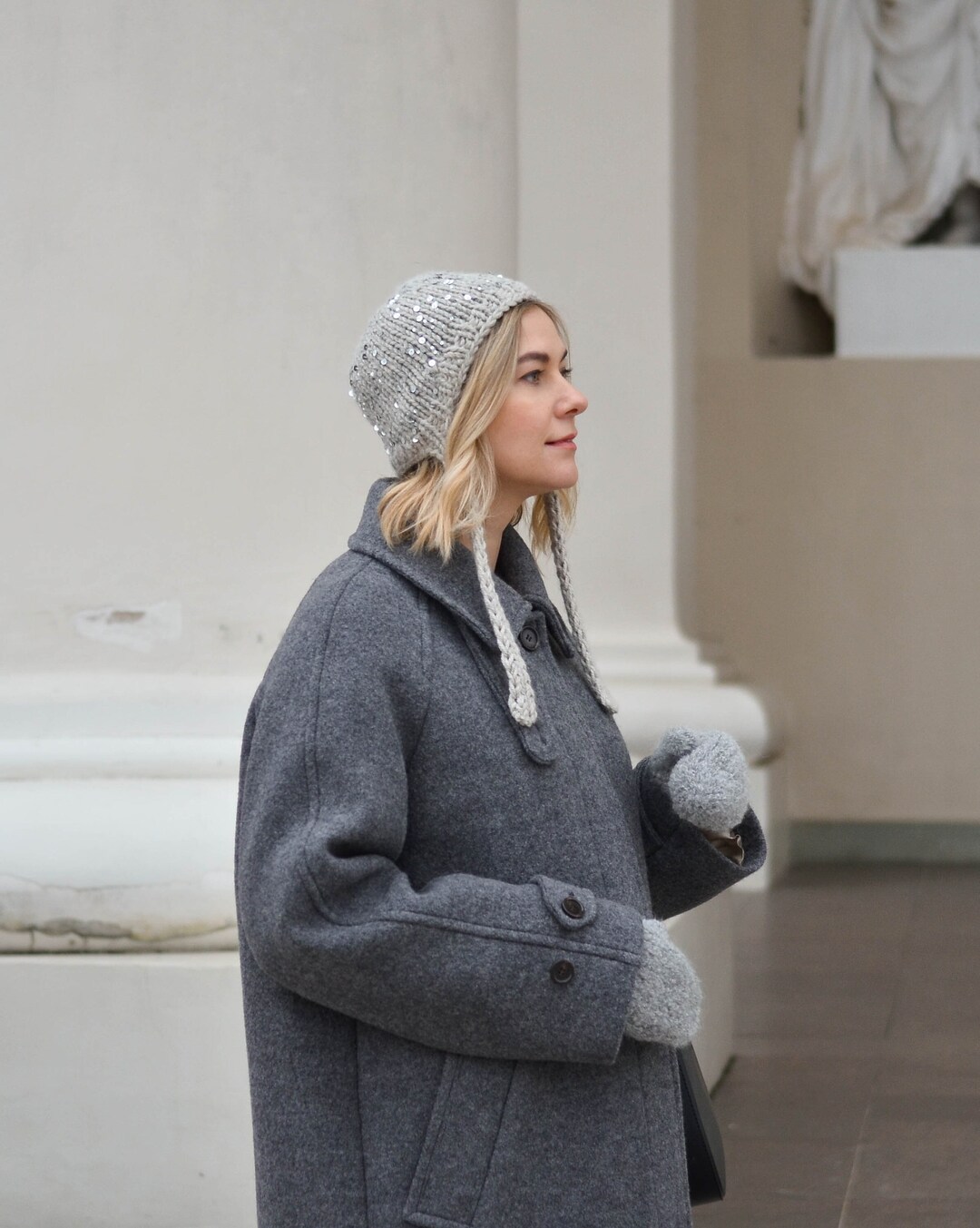 Handmade Knit Balaclava Cap With Ties for Women, Shiny Beanie, Sequin ...