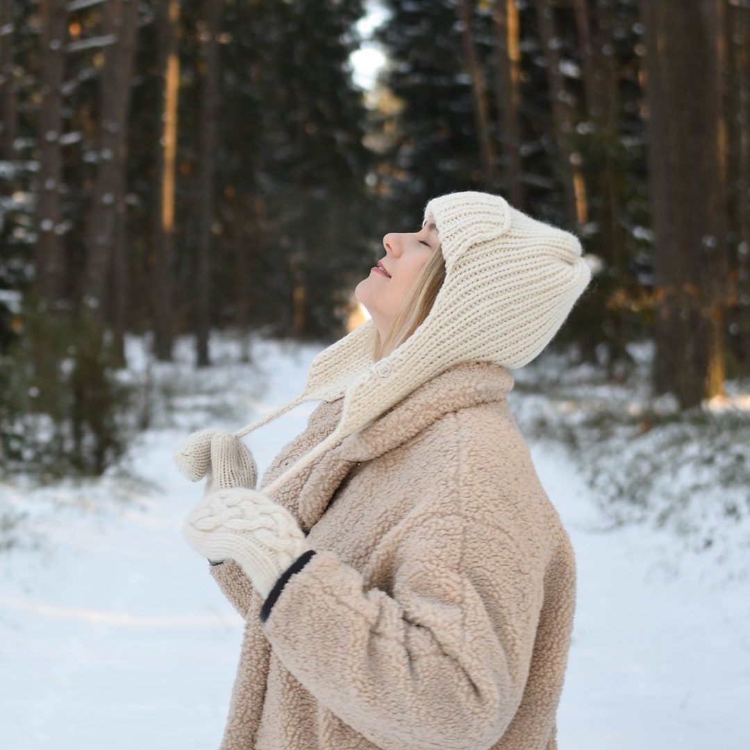 Handmade Wool Beanie With Ear Flaps for Women Men, Knitted Aviator Cap ...