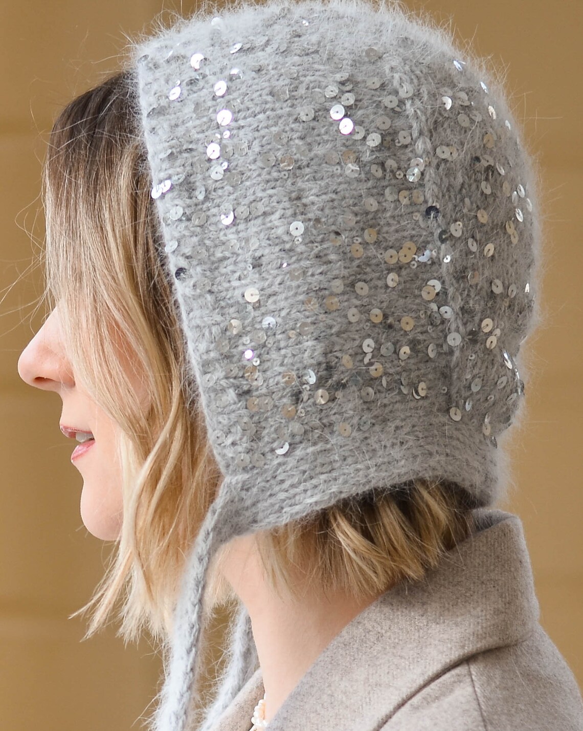 Fluffy Cashmere Handmade Bonnet With Ties for Women, Knit Sequin ...