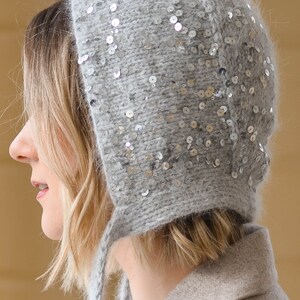 Fluffy Cashmere Handmade Bonnet With Ties for Women, Knit Sequin ...