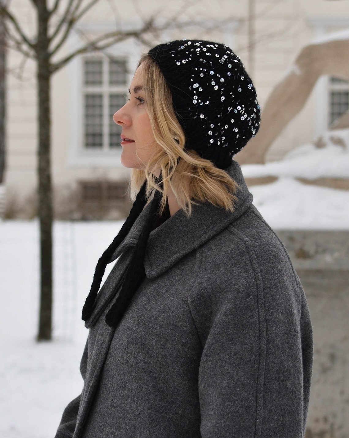Handmade Knit Balaclava Cap With Ties for Women, Shiny Beanie, Sequin ...