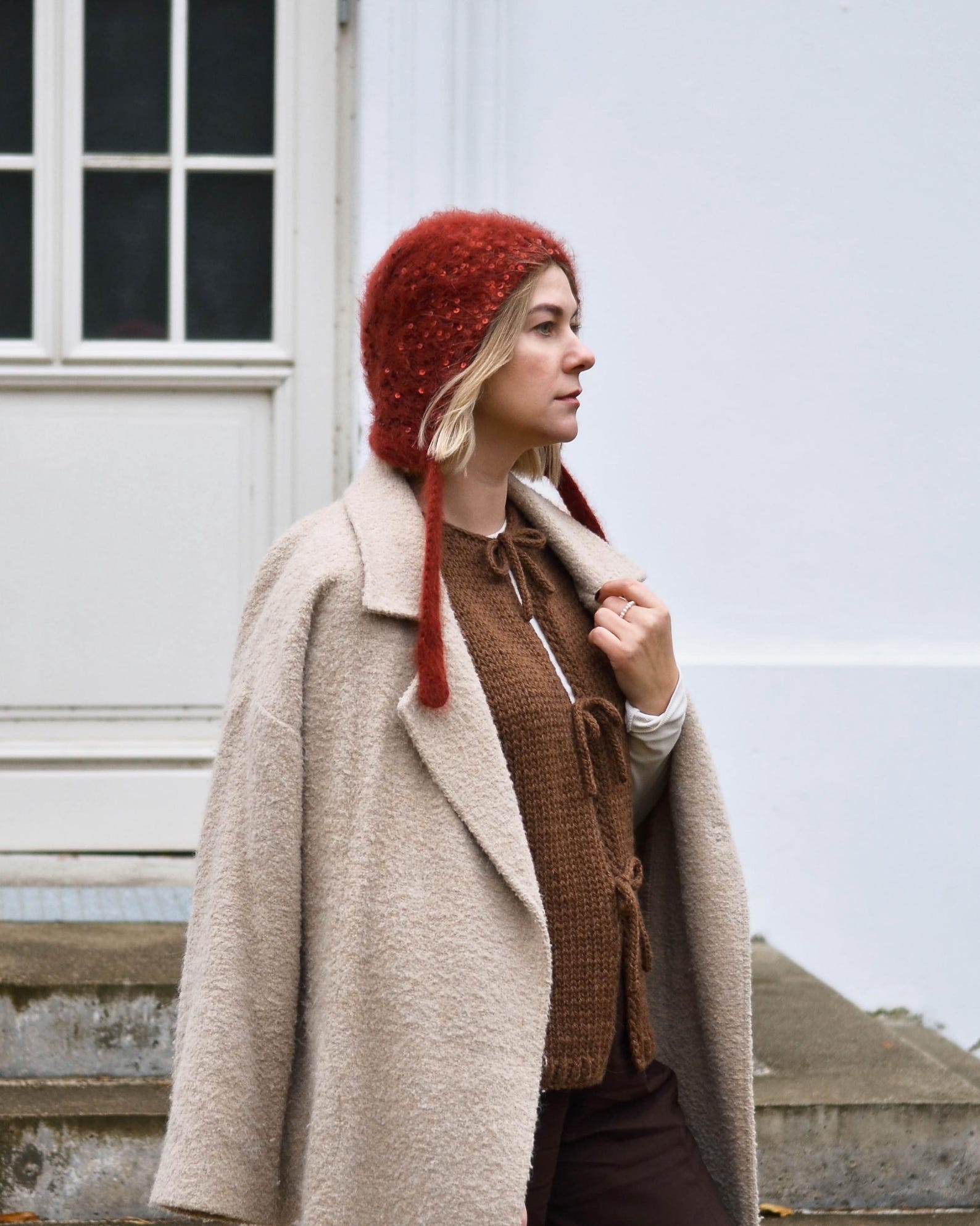 Fluffy Cashmere Handmade Bonnet With Ties for Women, Knit Sequin ...