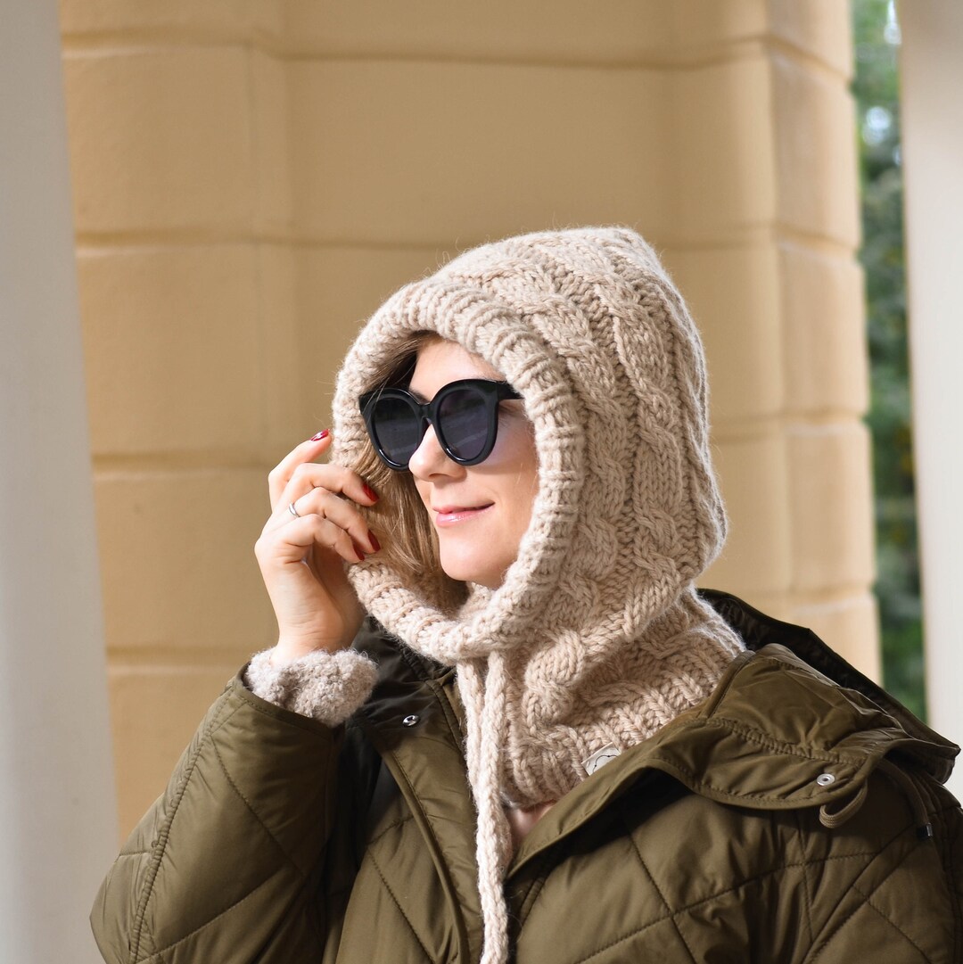 Cable Knit Alpaca Wool Slouchy Balaclava Hood for Women and Men, Chunky ...