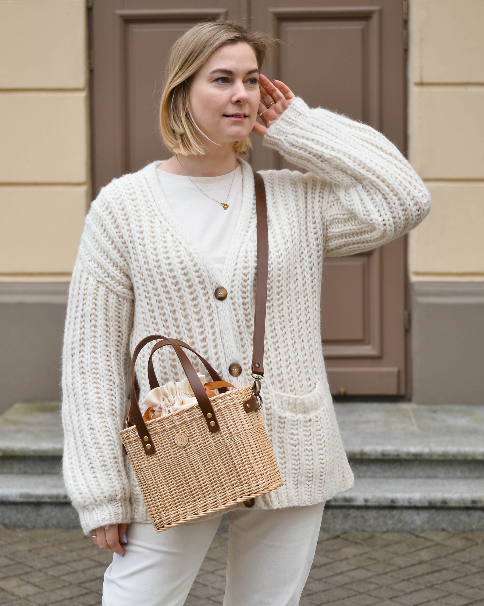 Summer Wicker Bucket Basket With Leather Handles, Straw Crossbody Bag ...