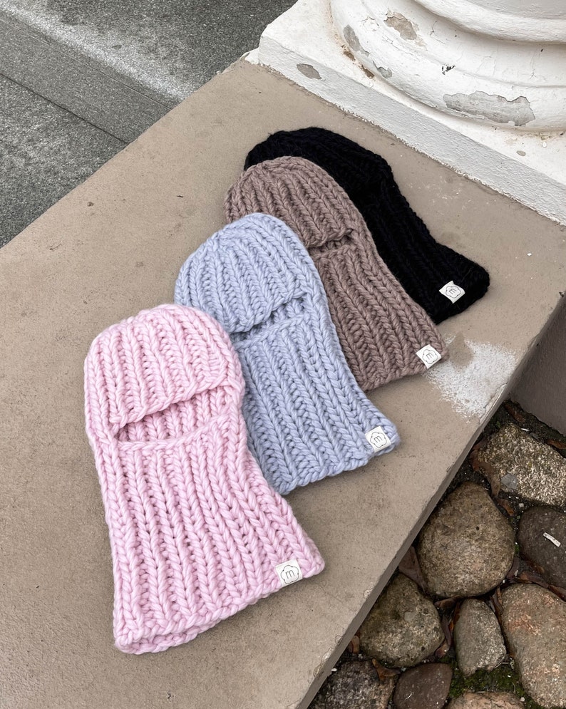 Chunky Hand Knit Wool Balaclava Hat, Women’s Warm Helmet, Fall ...