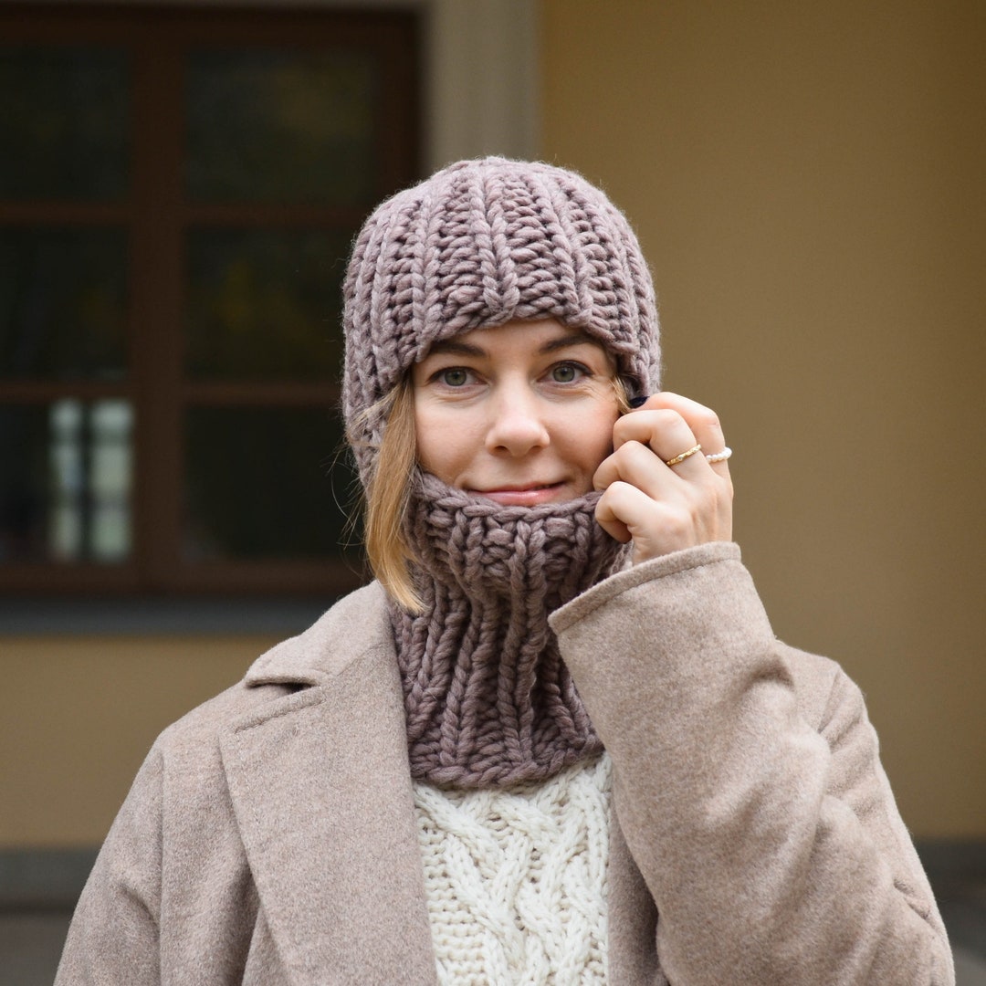 Knitted Brown Wool Balaclava Helmet for Winter, Handmade Warm Hood Hat ...