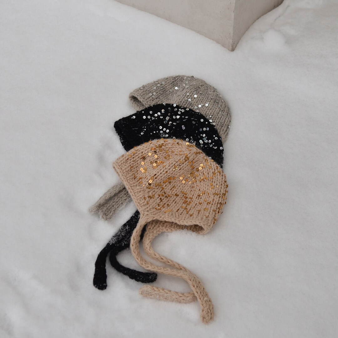 Handmade Shiny Balaclava for Women, Golden Knitted Bonnet Cap, Sequin ...