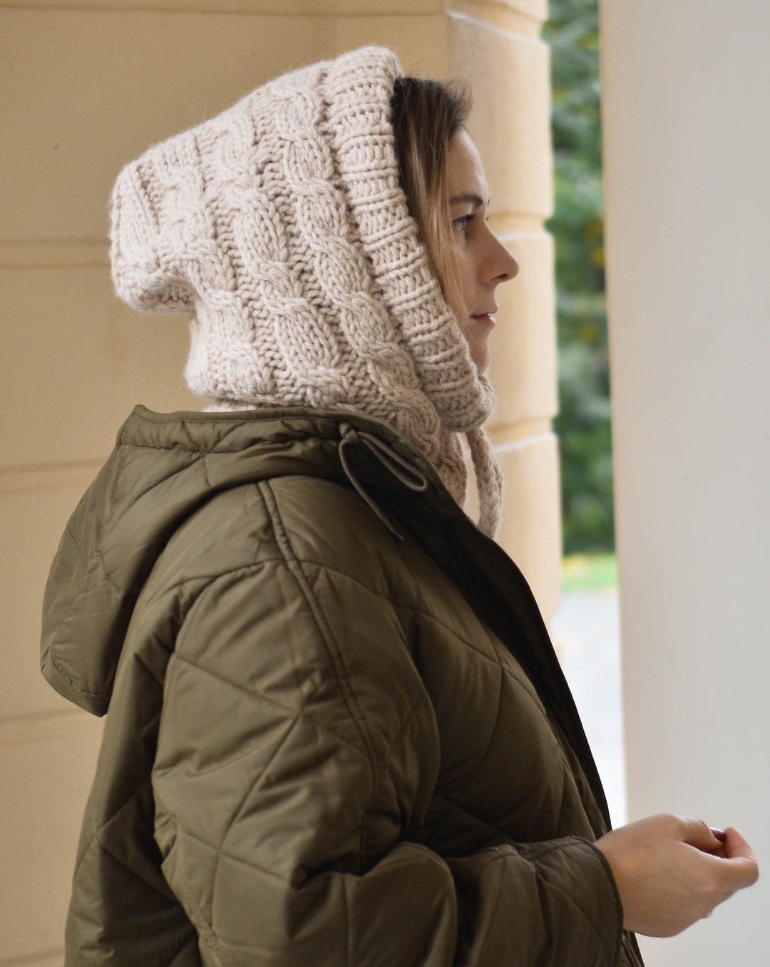 Chunky Knit Beige Alpaca Wool Slouchy Balaclava for Women, Handmade ...