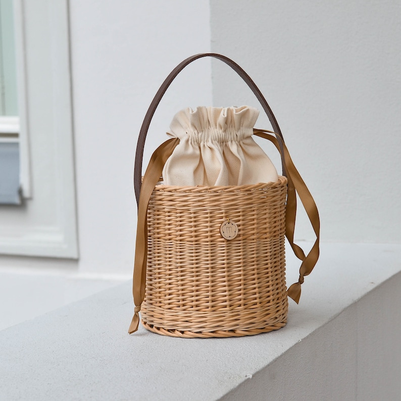 Modern Wicker Bucket Bag With Leather Handle for Women, Straw Round ...