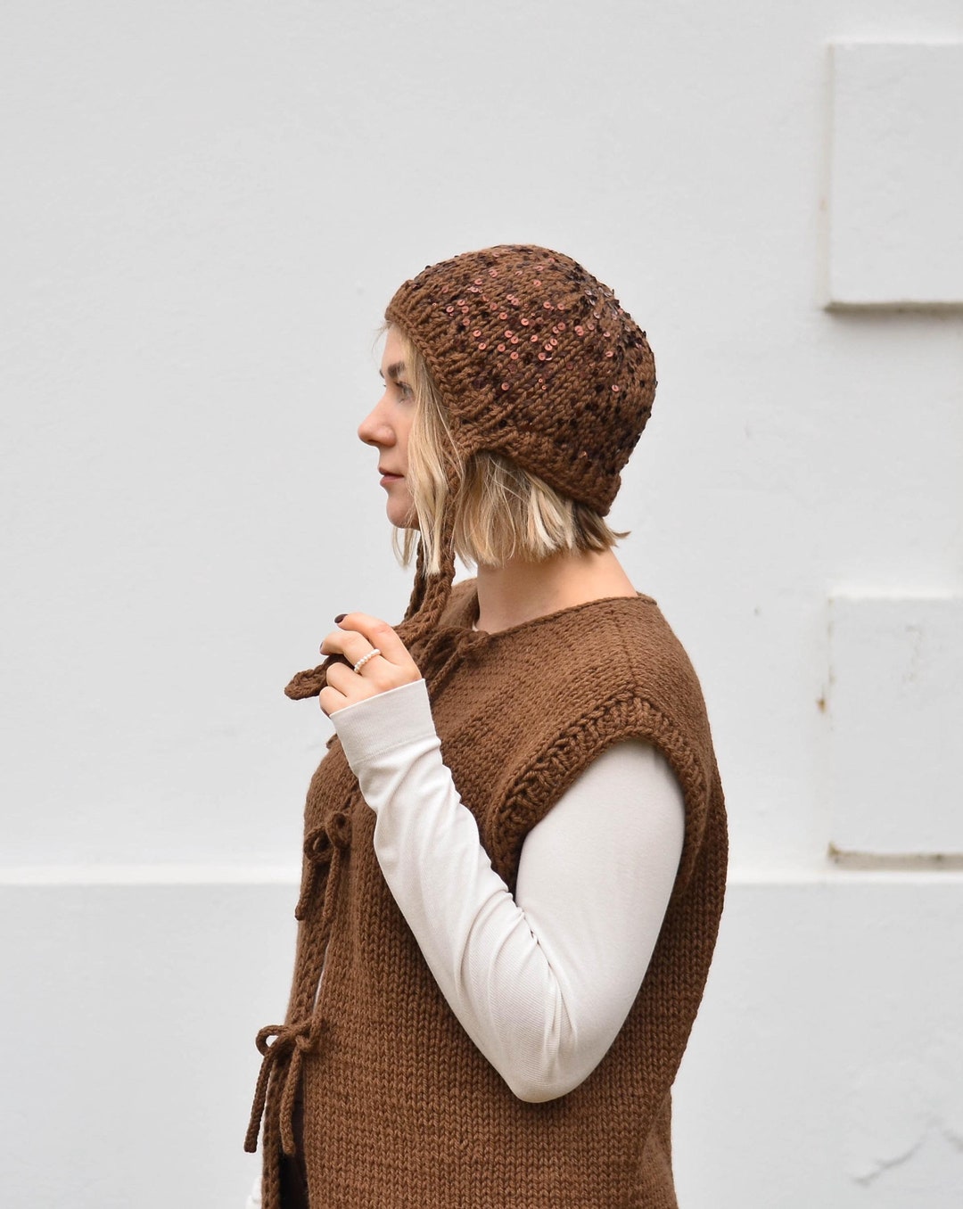 Chocolate Handmade Wool Bonnet for Women, Knitted Sequin Bow Tie ...