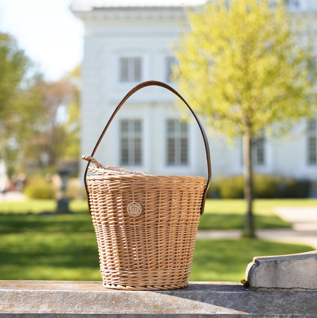 Wicket Round Basket With Lid and Leather Handle, Jane Birkin Style ...